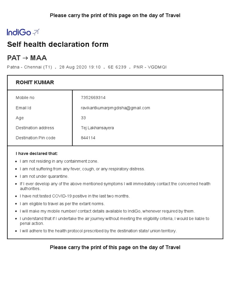Self Health Declaration Form: PAT MAA | PDF