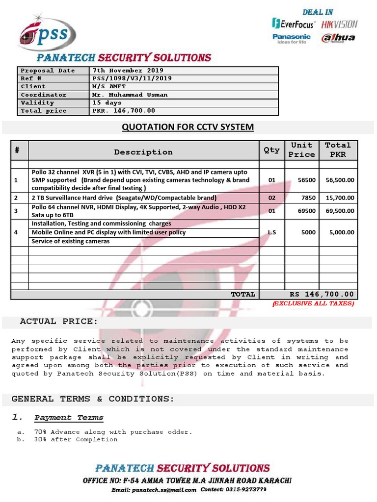 Quotation For CCTV System: # Description Qty Unit Price Total PKR | PDF | Computing | Business