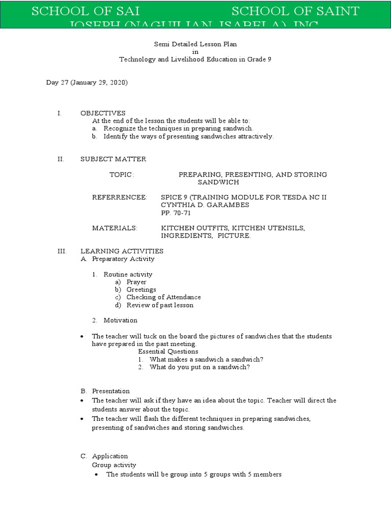 Semi Detailed Lesson Plan Tle 9 Final | PDF | Lesson Plan | Kitchen