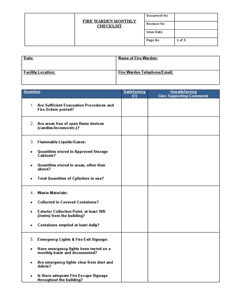Fire Warden Monthly Checklist | PDF | Firefighting | Fires