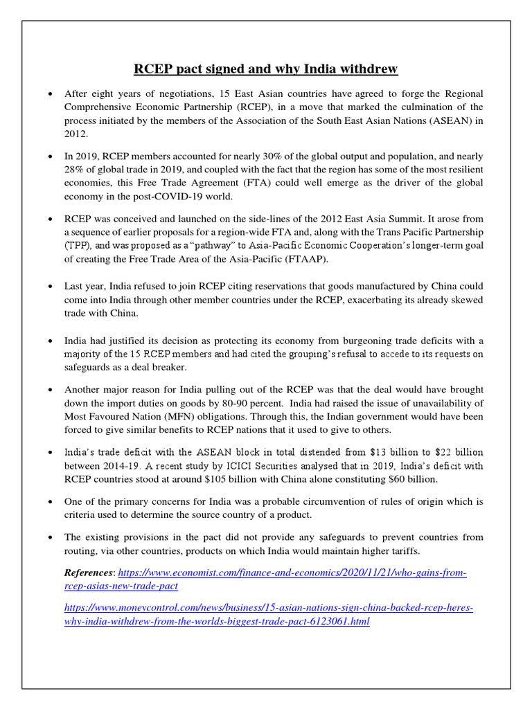 RCEP Pact Signed and Why India Withdrew: References | PDF | Trans ...