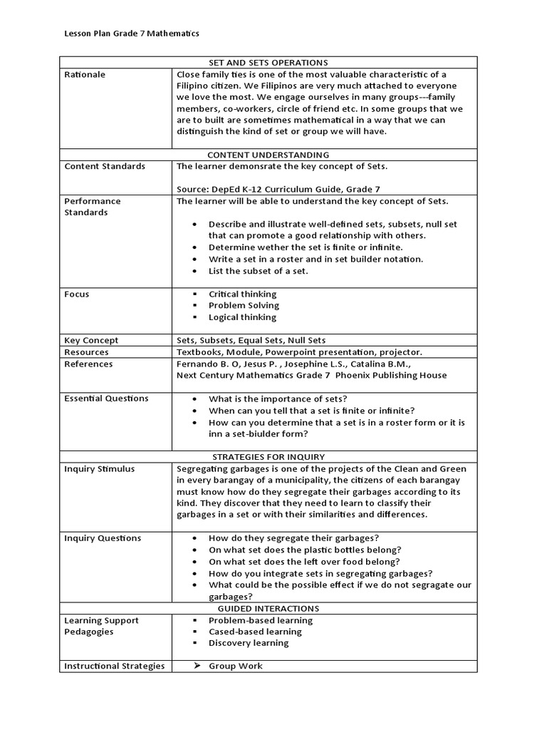 Grade 7 Math Lesson: Sets & Operations | PDF | Set (Mathematics ...