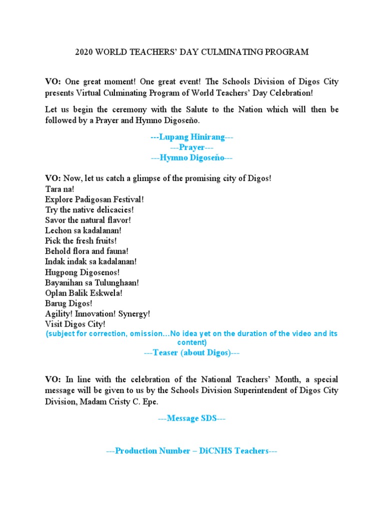 WTD Culminating Program Script Corrected | PDF | Teachers | Teaching