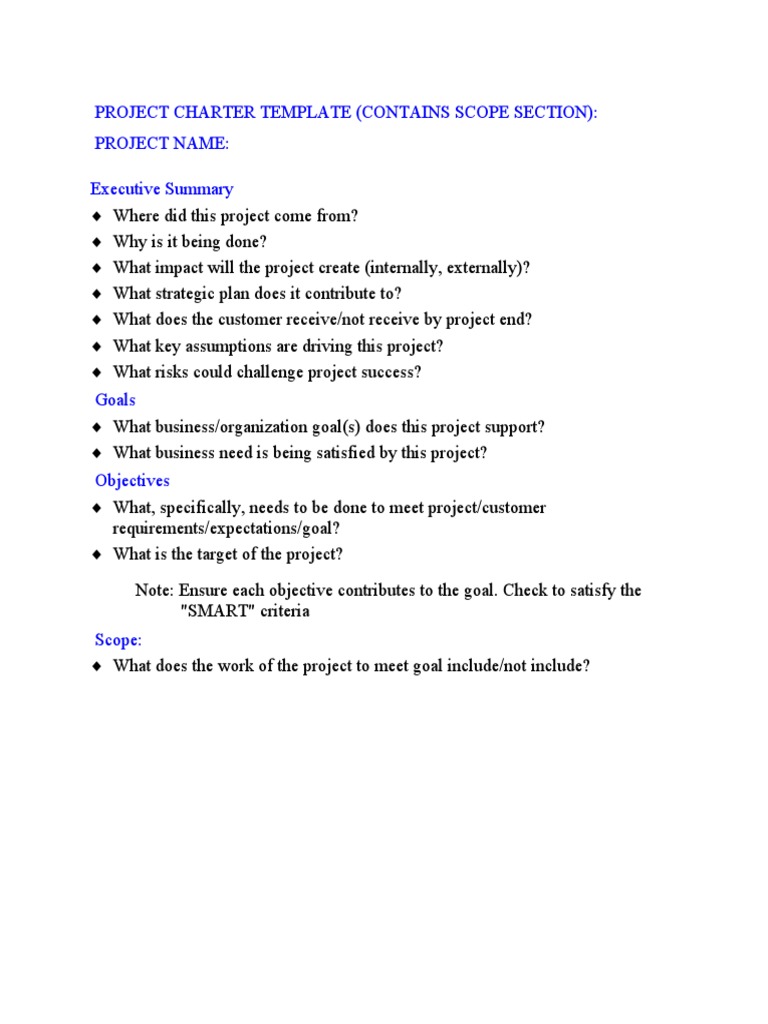 Project Charter Template (Contains Scope Section) : Project Name ...