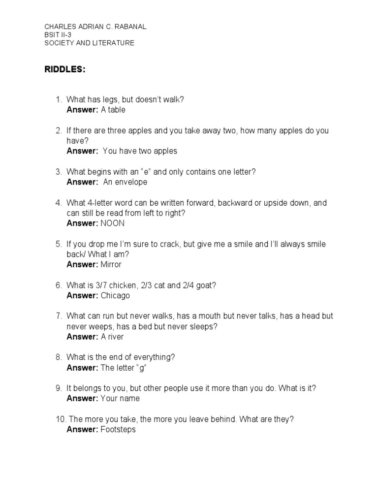 Riddles:: Answer: A Table | PDF