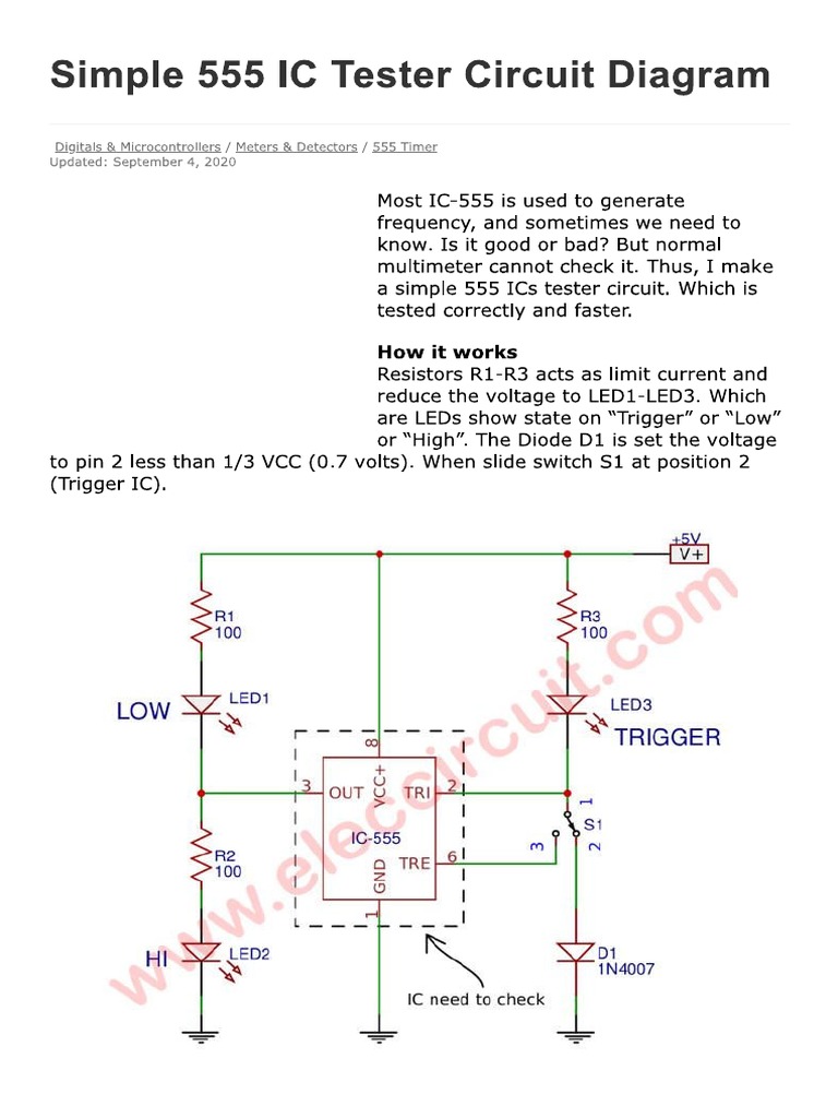 Simple 555 IC Tester Circuit Diagram - ElecCircuit | PDF