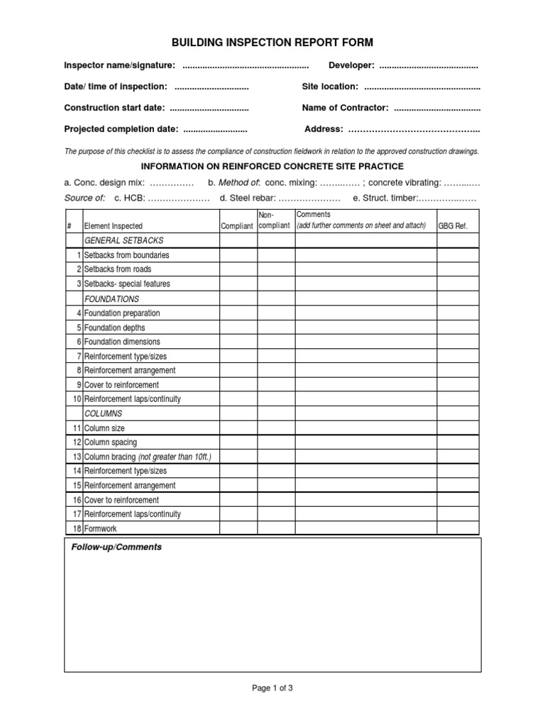 Building Inspection Report Form: Source Of: C. HCB: D. Steel Rebar: E ...