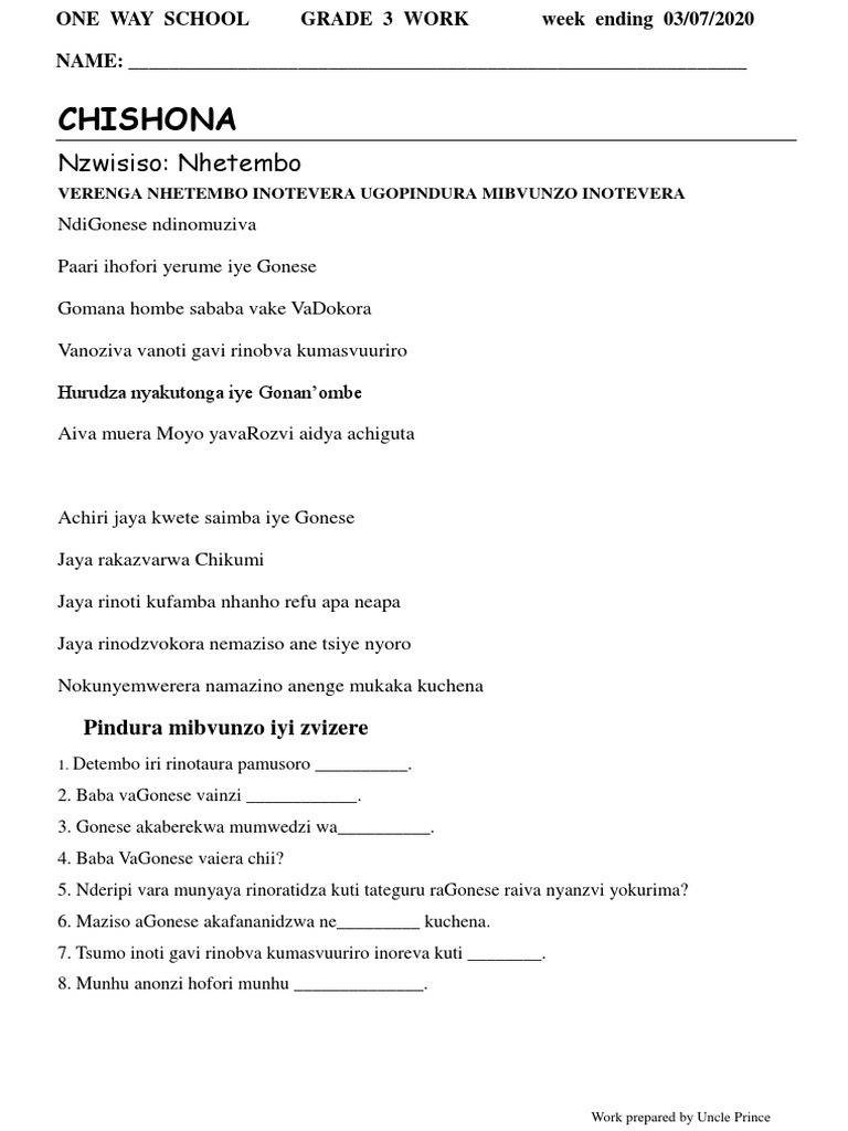 Chishona: Nzwisiso: Nhetembo | PDF