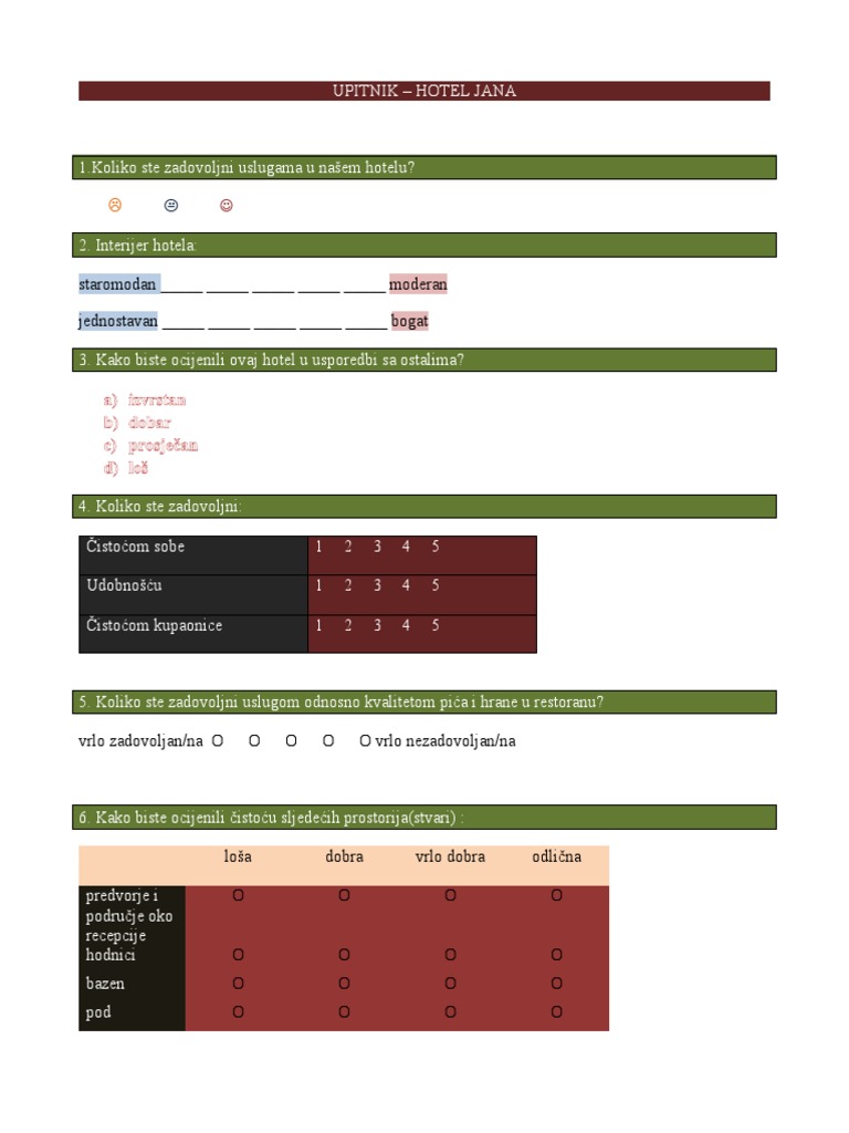 Primjer Upitnika Jednog Hotela | PDF