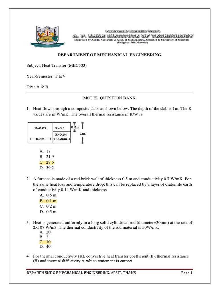 Heat Transfer Model Question Bank | PDF | Heat Transfer | Electrical ...
