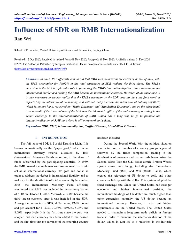 Influence of SDR On RMB Internationalization | PDF | Special Drawing ...