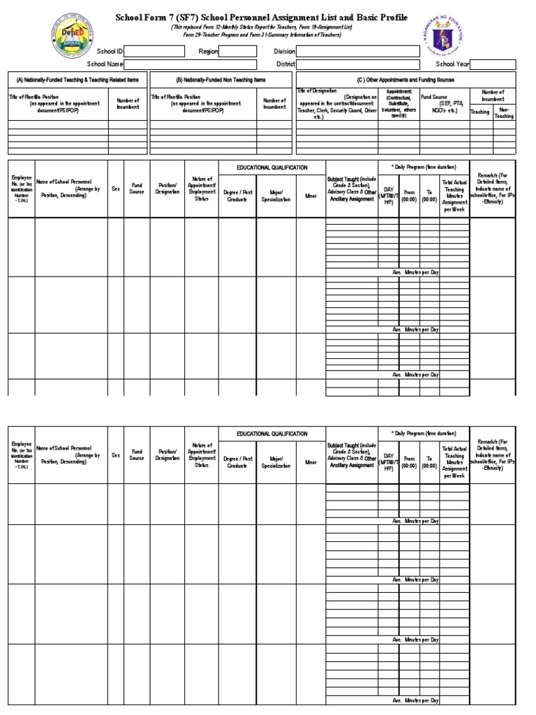 School Form 7 (SF7) School Personnel Assignment List and Basic Profile ...