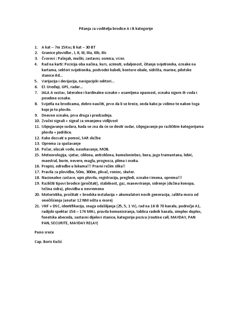 Pitanja Za Voditelja Brodice A I B Kateg | PDF