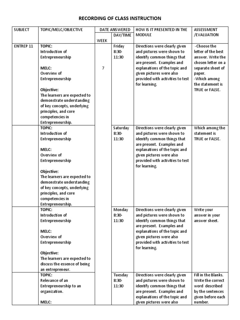 Recording of Class Instruction: Topic | PDF | Entrepreneurship | Learning