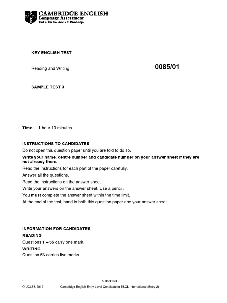 Cambridge English Key Sample Paper 3 Reading and Writing v2 | PDF