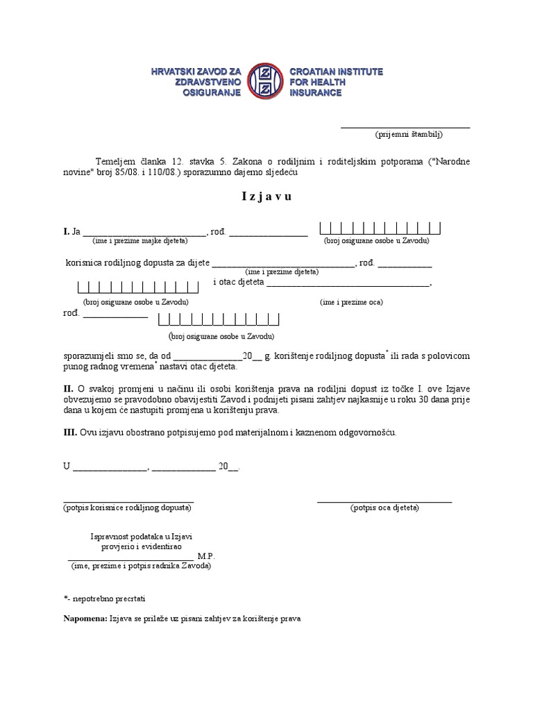 Izjava Roditelja o Prijenosu Prava PDF | PDF