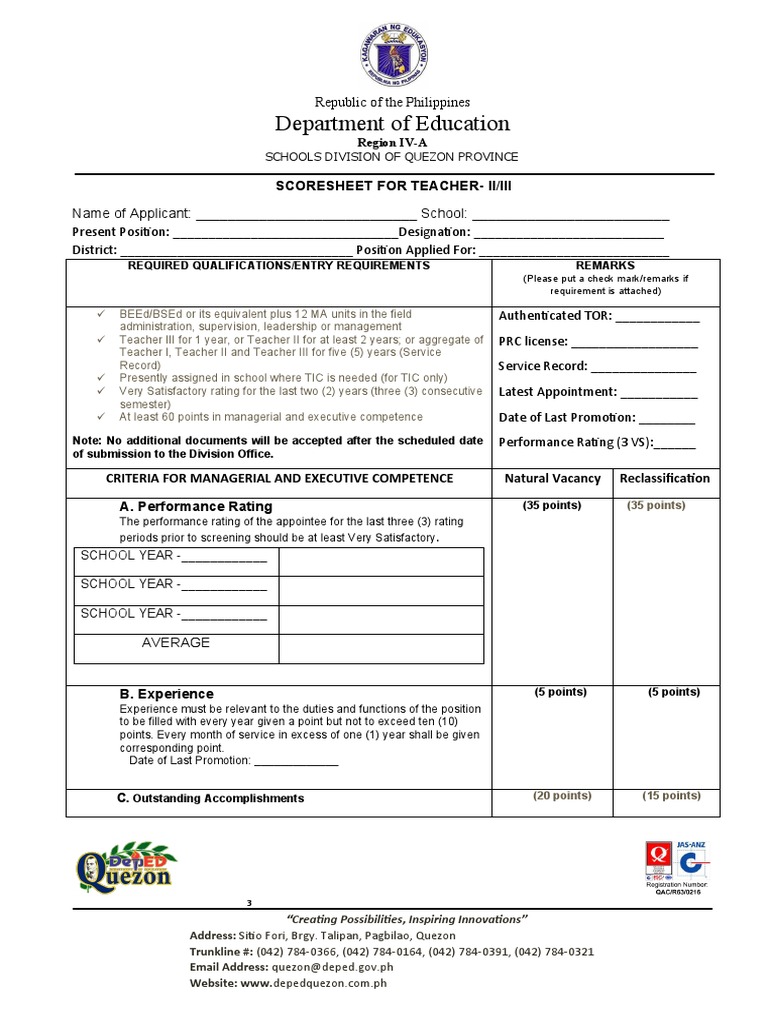 Department of Education: Scoresheet For Teacher-Ii/Iii | Download Free ...