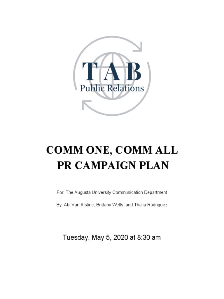 Comm One, Comm All PR Campaign Plan: Tuesday, May 5, 2020 at 8:30 Am ...
