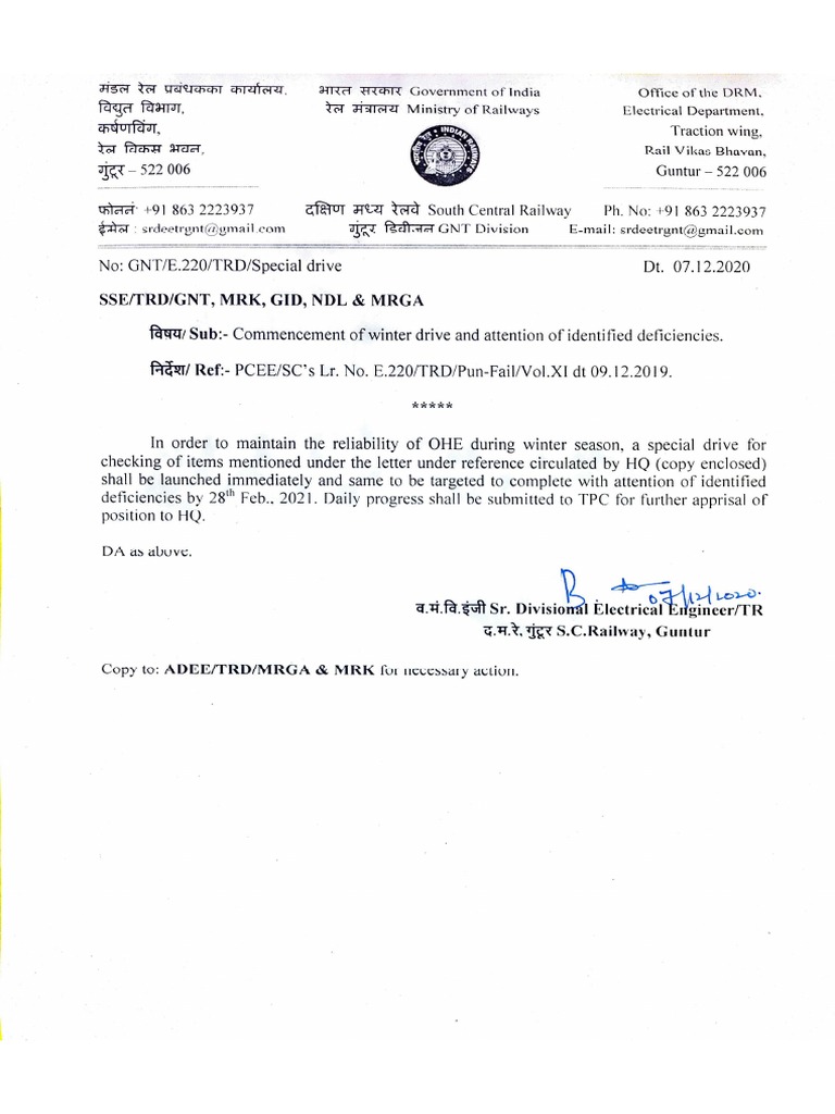 Commencement of Winter Drive and Attention of Identified Deficiencies ...