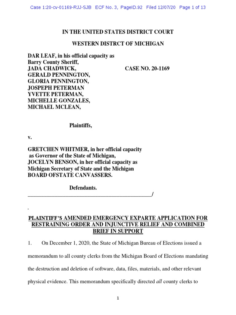 Barry Co. Sheriff Dar Leaf Lawsuit Against Michigan | PDF | Electoral ...
