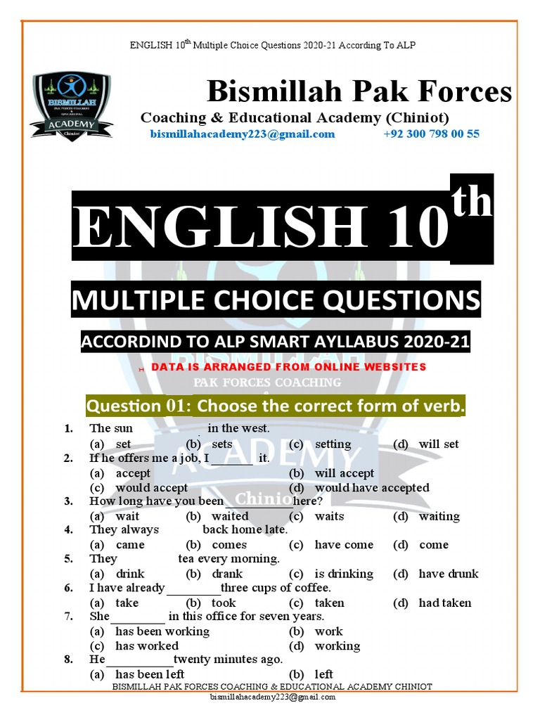 10th Grade English Multiple Choice Questions on Verb Forms According to ...