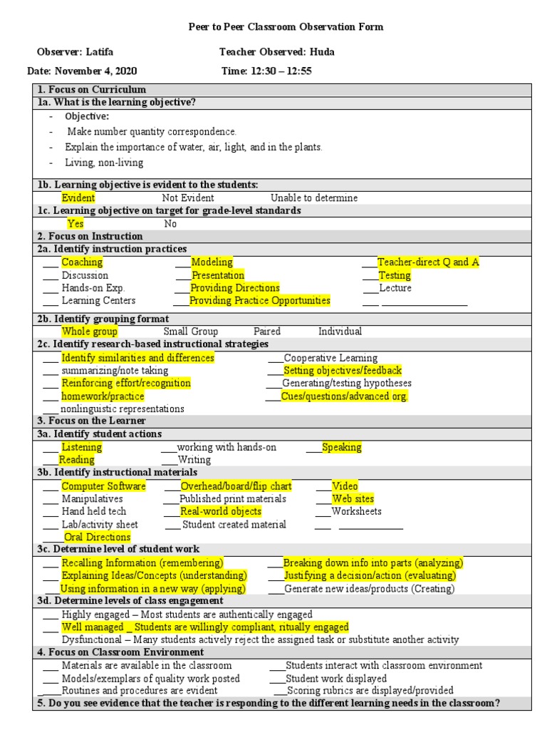 Peer To Peer Classroom Observation Form | PDF | Classroom | Learning