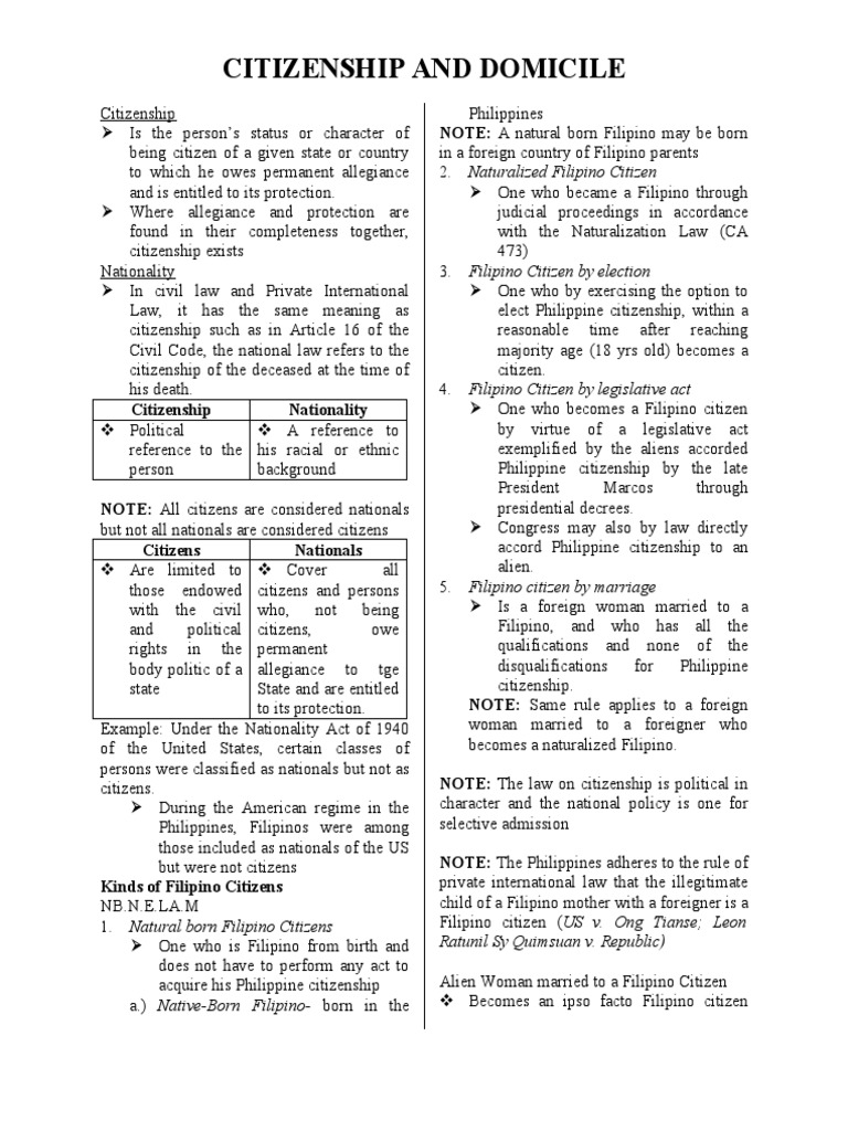 Citizenship and Domicile Notes | PDF | Naturalization | Domicile (Law)
