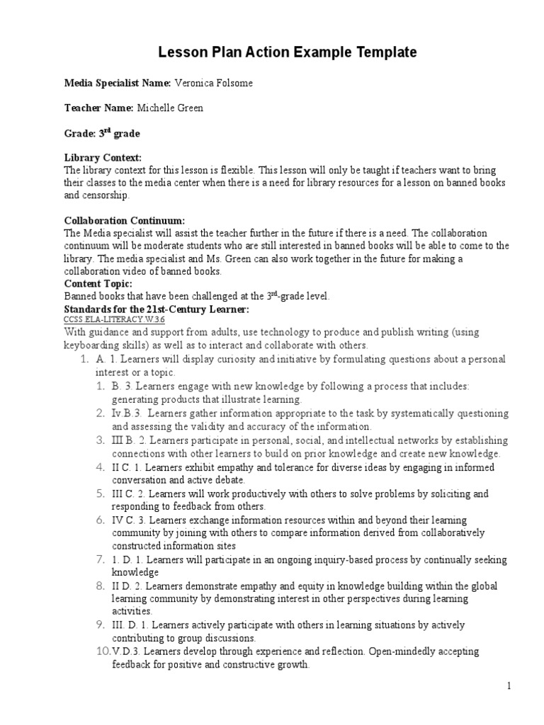 Lesson Plan Action Example Template | PDF | Reading Comprehension ...