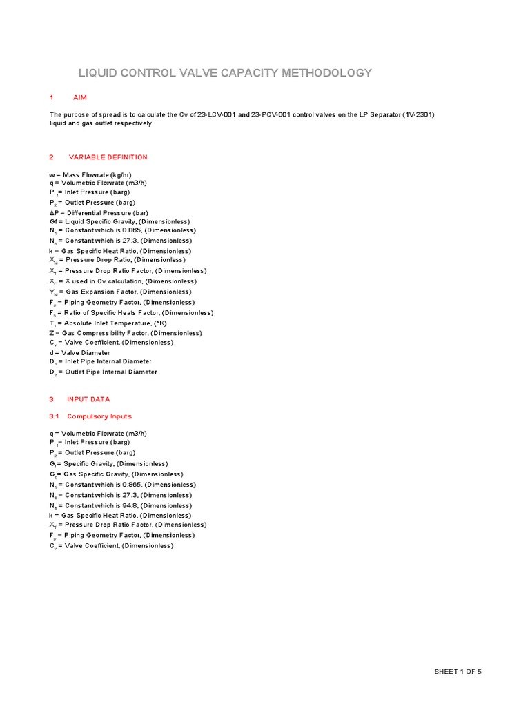 Control Valve Sizing Spreadsheet | PDF | Flow Measurement | Valve