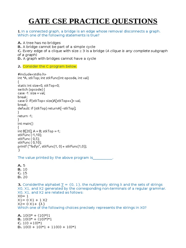 Gate Cse Practice Questions: of A Graph) | PDF