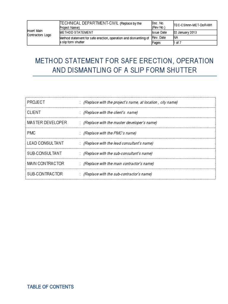 TEC-031100S-MET-DoR-001 (Method Statement For Erection, Operation and Dismantling of A Slip Form ...