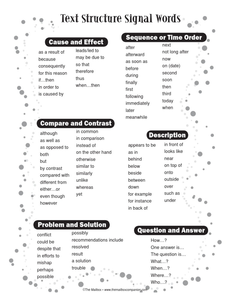 Text Structure Signal Words: Sequence or Time Order Cause and Effect ...
