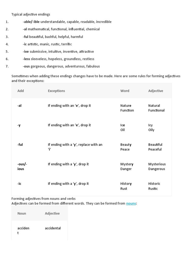 Common Adjective Endings Explained | PDF | Adjective | Linguistics