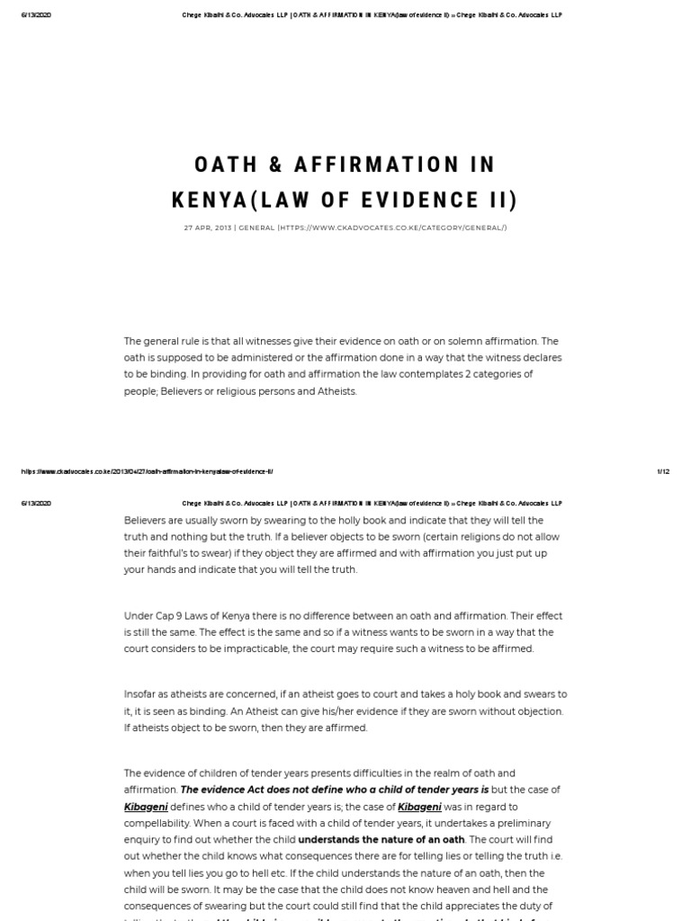 Law of Evidence 2 Notes On Witnesses OATH & AFFIRMATION IN KENYA (Law ...