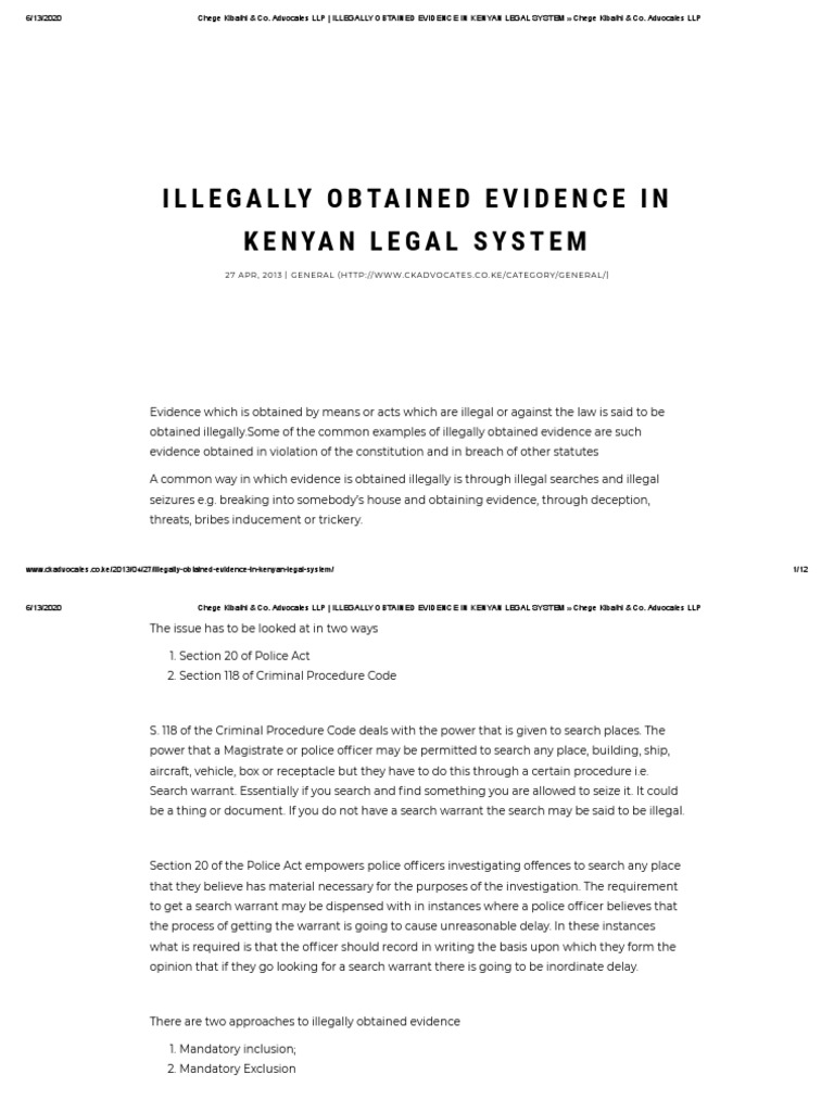 Law of Evidence 2 Notes On ILLEGALLY OBTAINED EVIDENCE IN KENYAN LEGAL ...