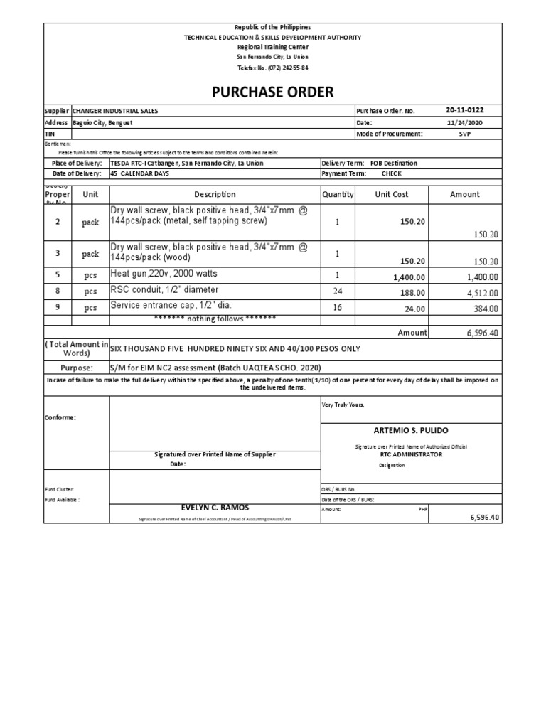 Purchase Order: Artemio S. Pulido | PDF | Manufactured Goods | Equipment