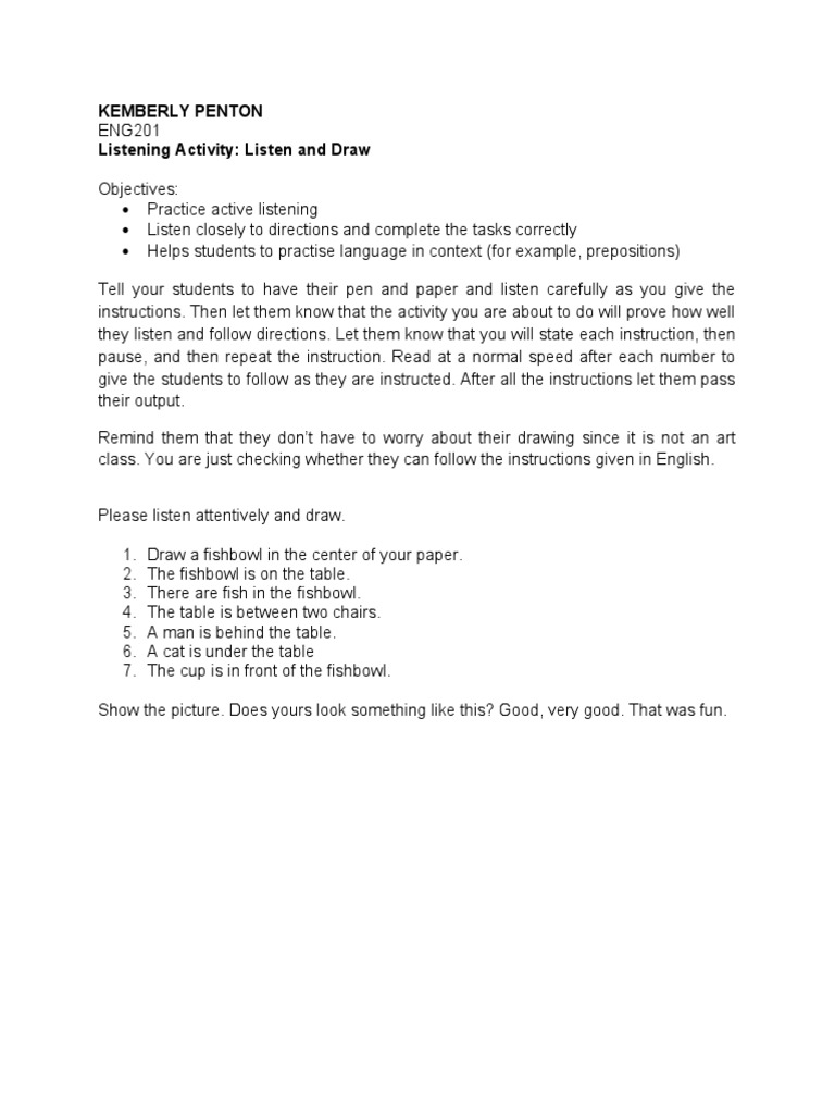 Kemberly Penton Listening Activity: Listen and Draw | PDF