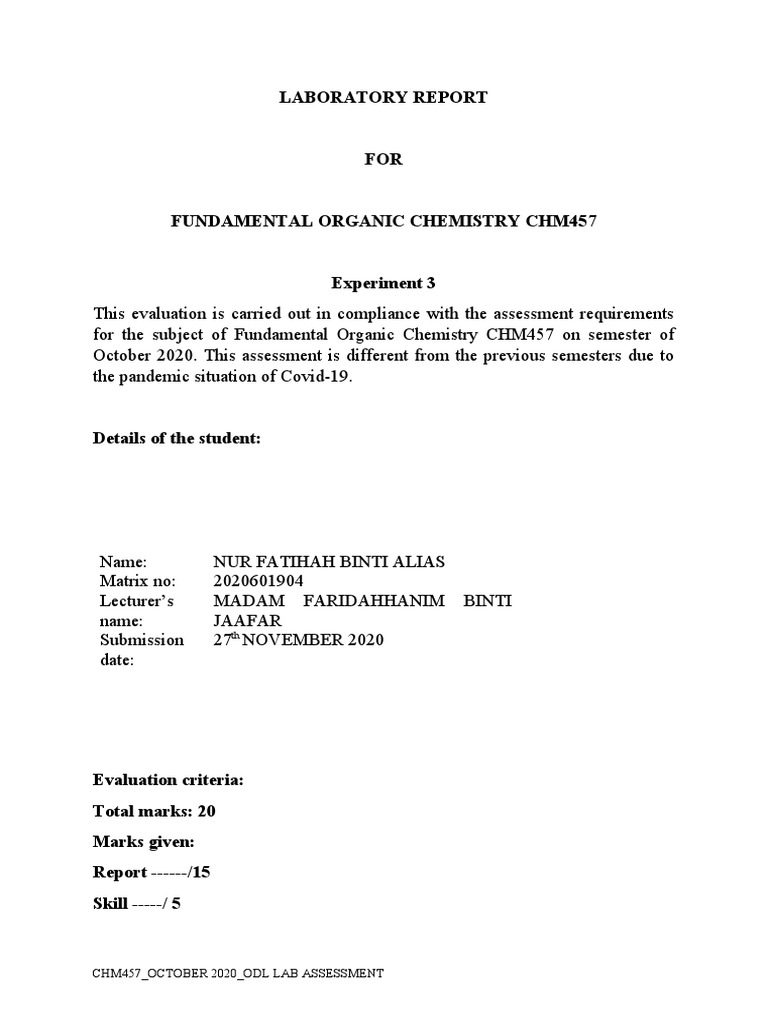 Laboratory Report: Chm457 - October 2020 - Odl Lab Assessment | PDF ...