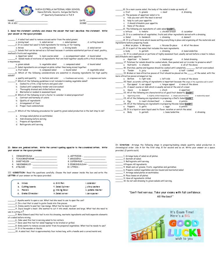 TLE 9 - 2ND Quarter Exam | PDF | Salad | Foods