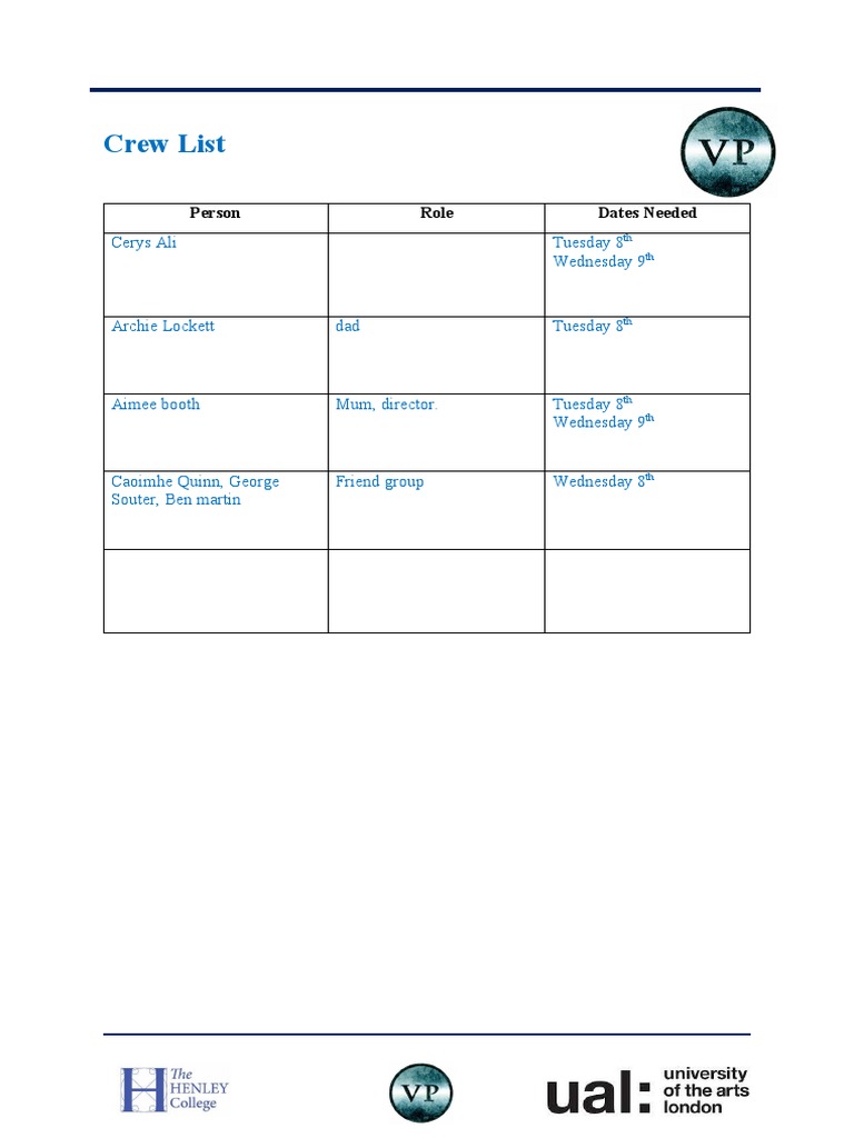 Crew List for Event on August 8-9 | PDF