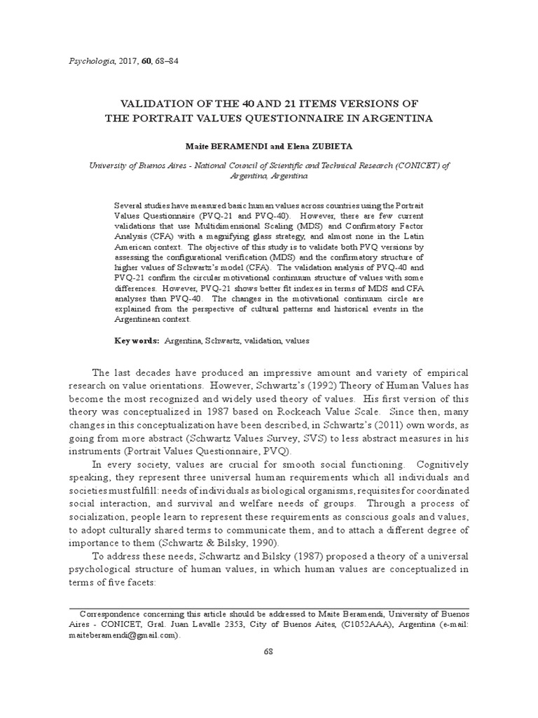 Validation of The 40 and 21 Items Versions of The Portrait Values ...