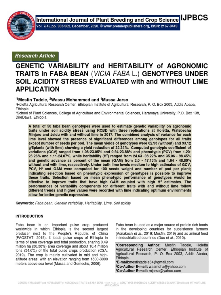 Genetic Variability and Heritability of Agronomic Traits in Faba Bean (Vicia Faba L.) Genotypes ...