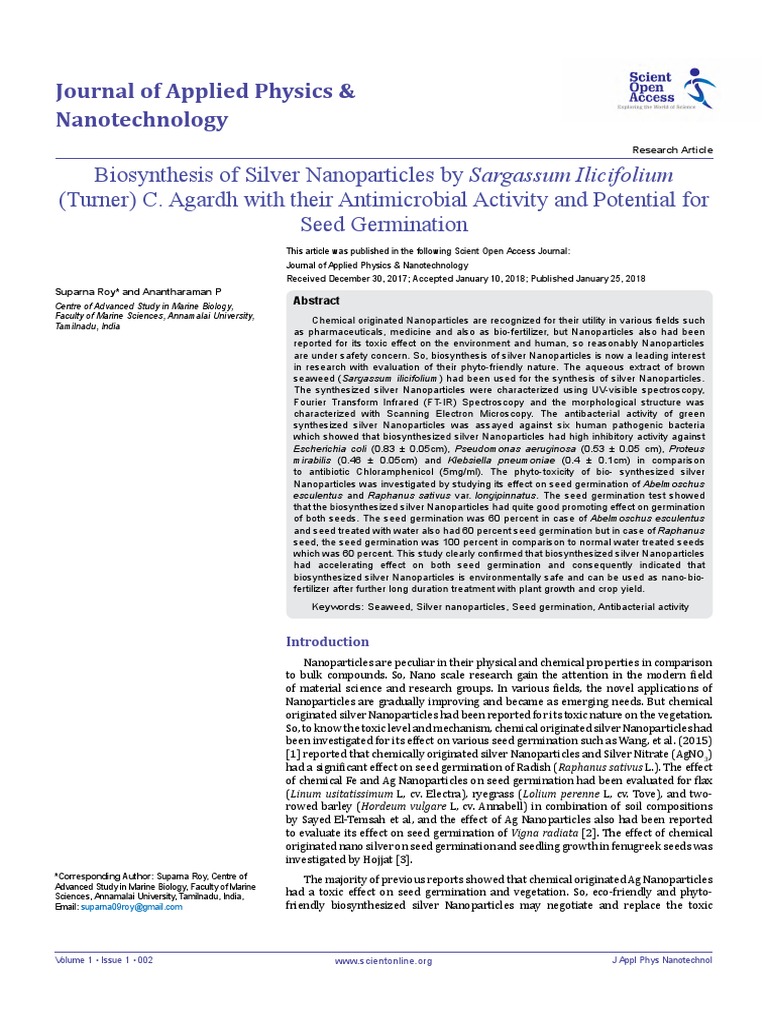 Biosynthesis of Silver Nanoparticles by Sargassum Ilicifolium Turner C Agardh With Their ...