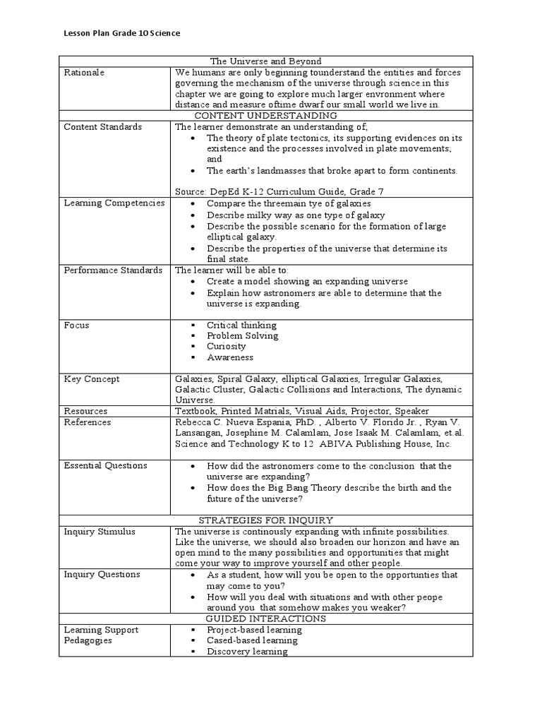 Lesson Plan Grade 10 Science | PDF | Milky Way | Universe