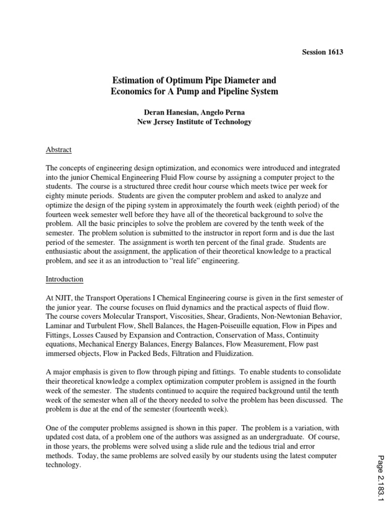 Estimation of Optimum Pipe Diameter and Economics For A Pump and ...
