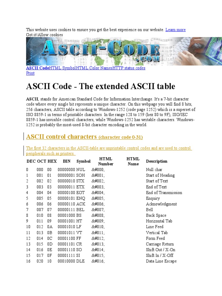 Ascii Code The Extended Ascii Table Pdf Ascii Naming Conventions