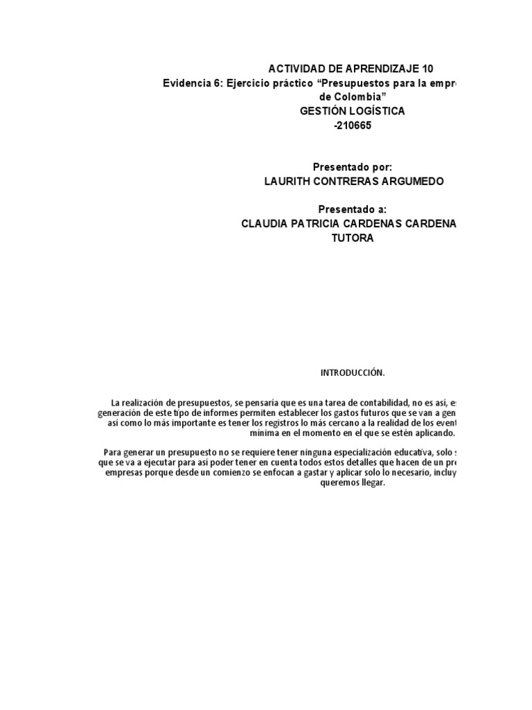 Guía 10 - Evidencia 6 Ejercicio Práctico "Presupuestos para La Empresa LPQ Maderas | PDF ...