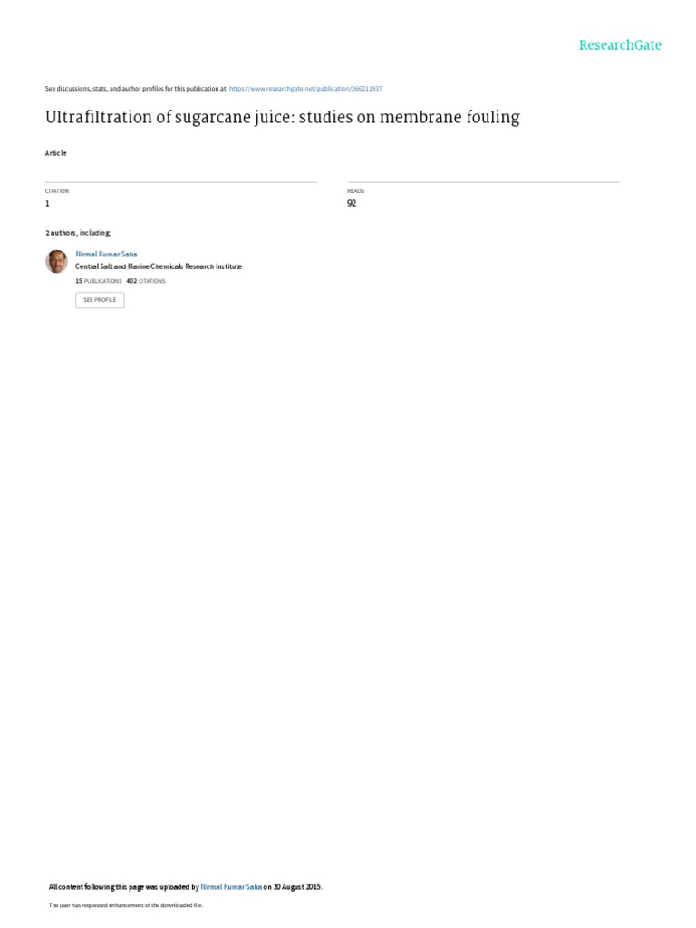 Ultrafiltration of Sugarcane Juice Studies On Memb | PDF | Membrane ...