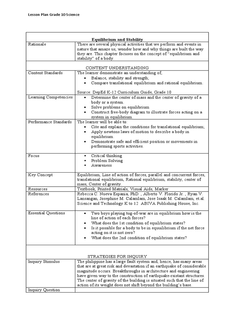 Equilibrium and Stability: Lesson Plan Grade 10 Science | PDF | Center ...