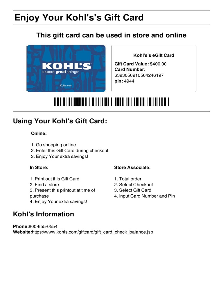 Enjoy Your Kohl's's Gift Card: This Gift Card Can Be Used in Store and ...